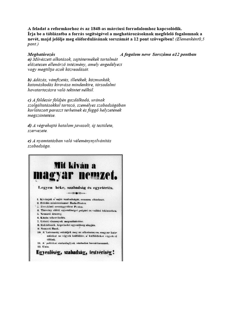 A Feladat A Reformkorhoz És Az 1848 | PDF