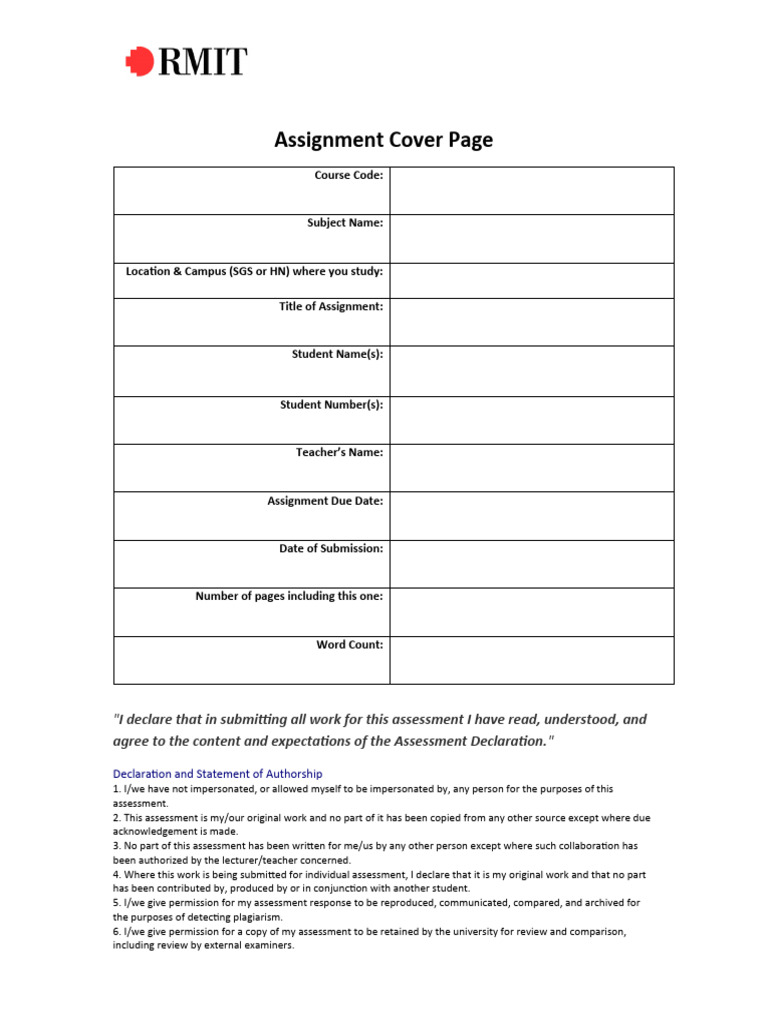 Assignment Cover & Authorship Declaration | PDF | Plagiarism | Academic ...