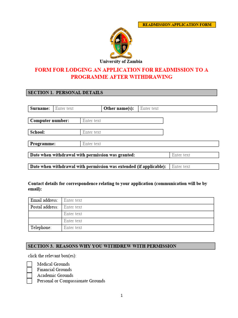 Readmission After Withdrawal Application Form | PDF