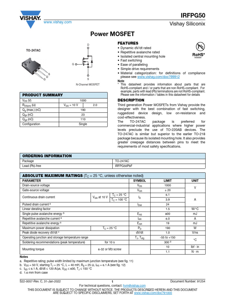 IRFPG50 | PDF | Diode | Mosfet