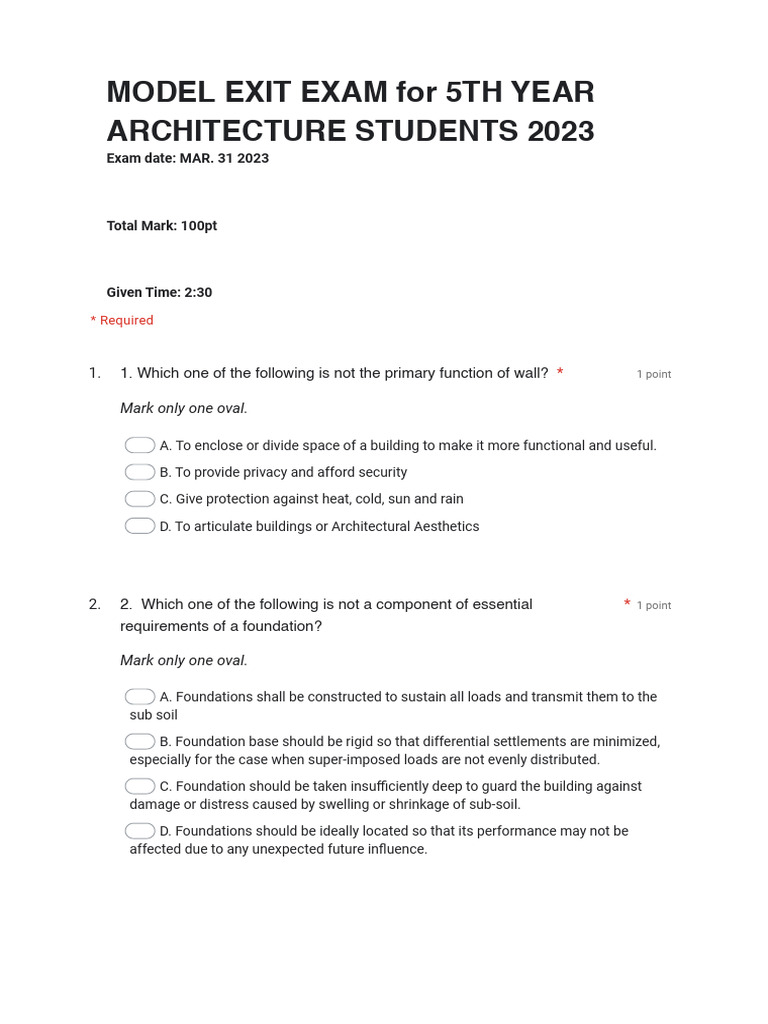 WOLKITE UNIVERSITY ARCHITECTURE DEPARTMENT Model Exit Exam 01 | PDF ...