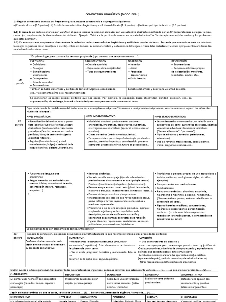 Esquema Comentario Lingüístico (EvAU) | PDF | Narración | Verbo