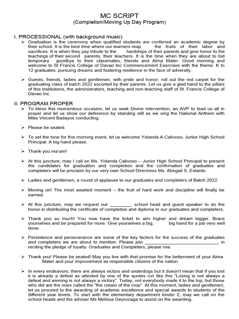 1 Emcee Script For Moving Up or Graduation | PDF