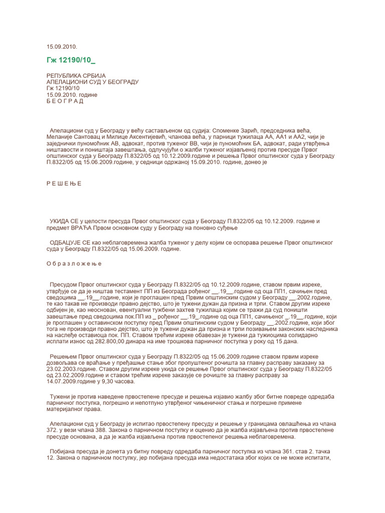 Apelacioni Sud Ništavost Testamenta Pred Svedocima | PDF