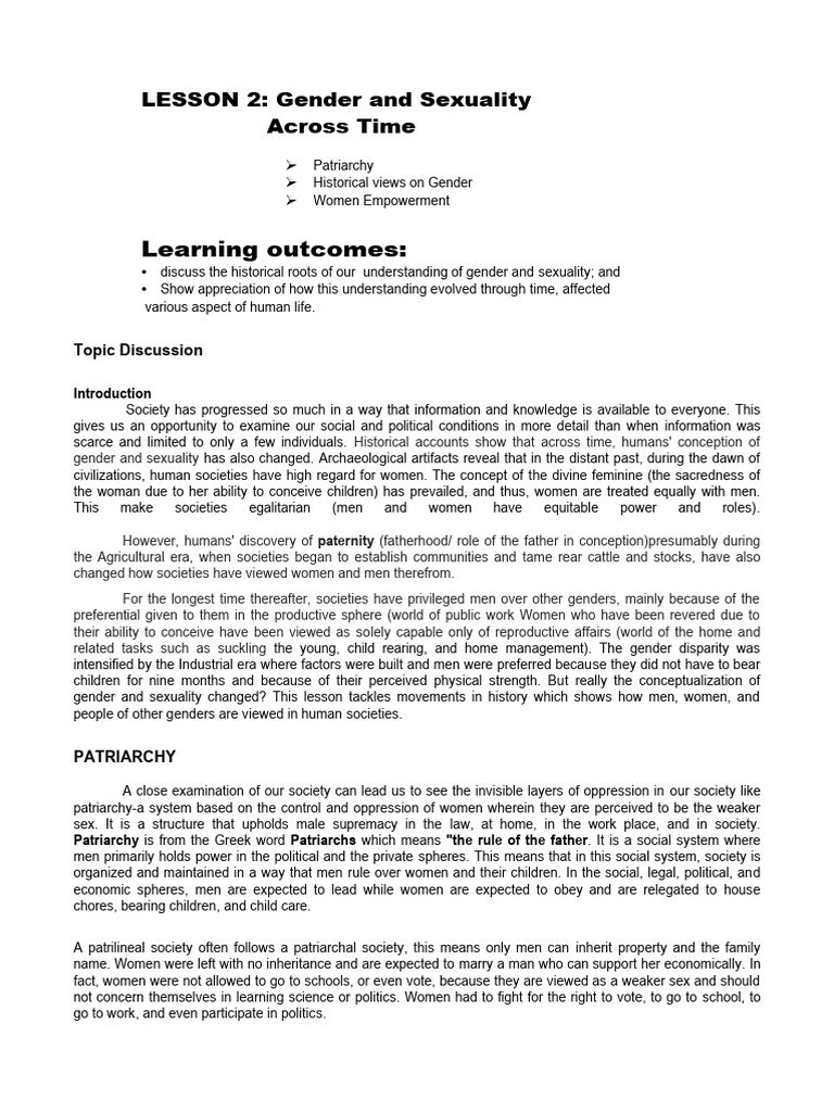Lesson 2 Gender and Sexuality Across Time | PDF | Patriarchy | Woman