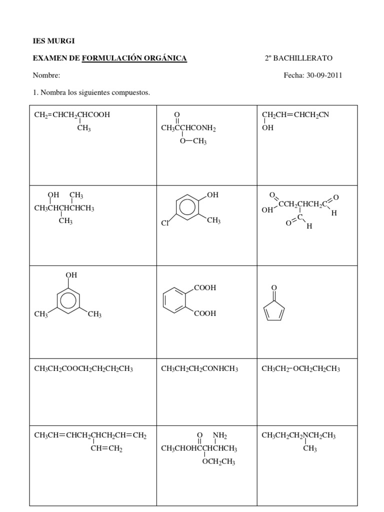Examen de Formulación Orgánica 2º Bachillerato | PDF | Tecnología
