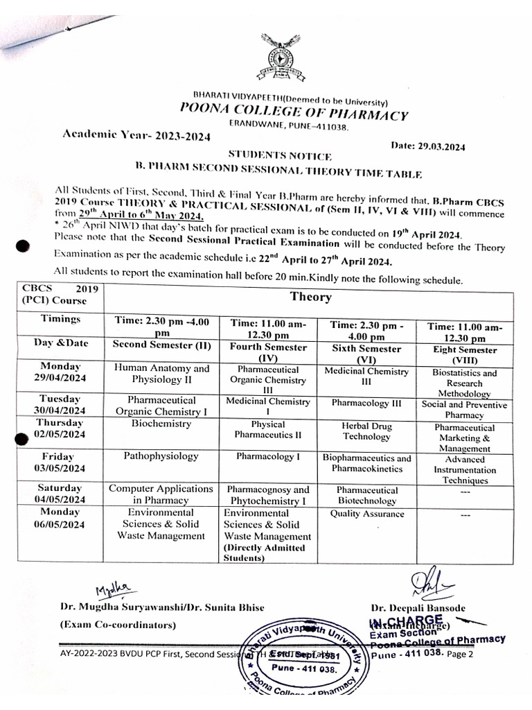 Second Sessional Theory Time Table B.pharm AY 23-24 | PDF