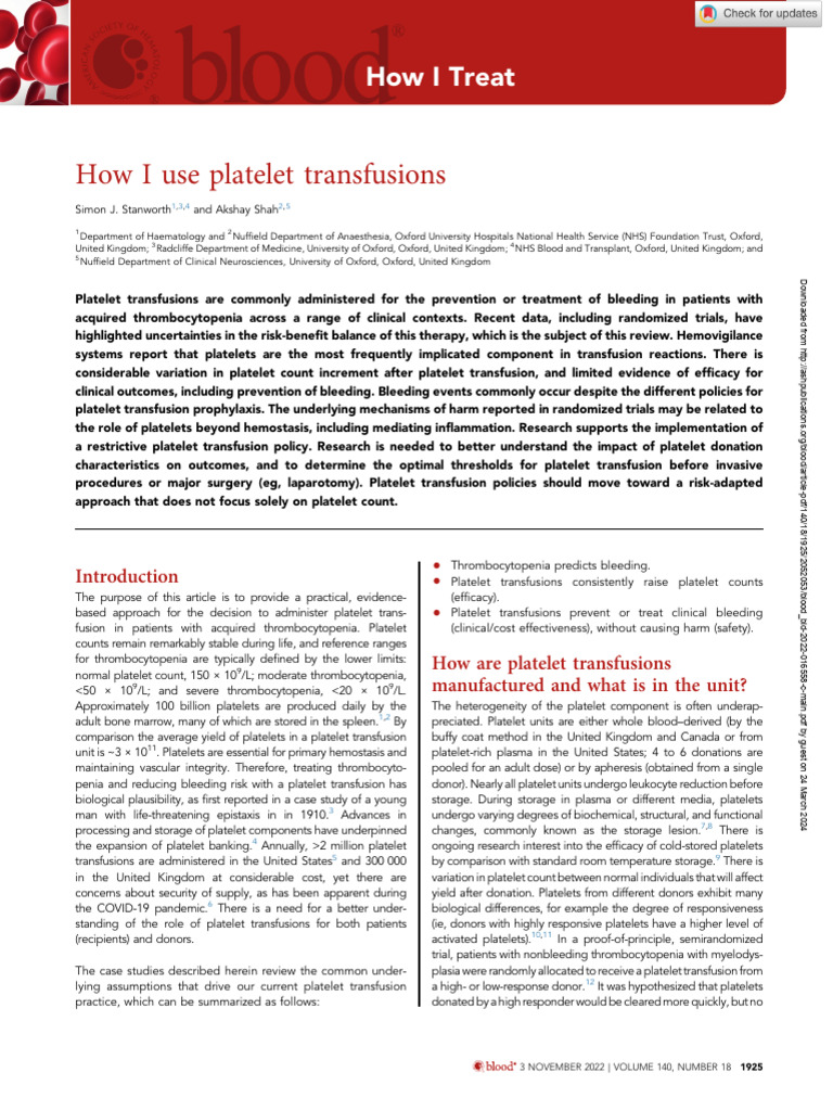 How I Use Platelet Transfusions | PDF | Blood Transfusion | Platelet