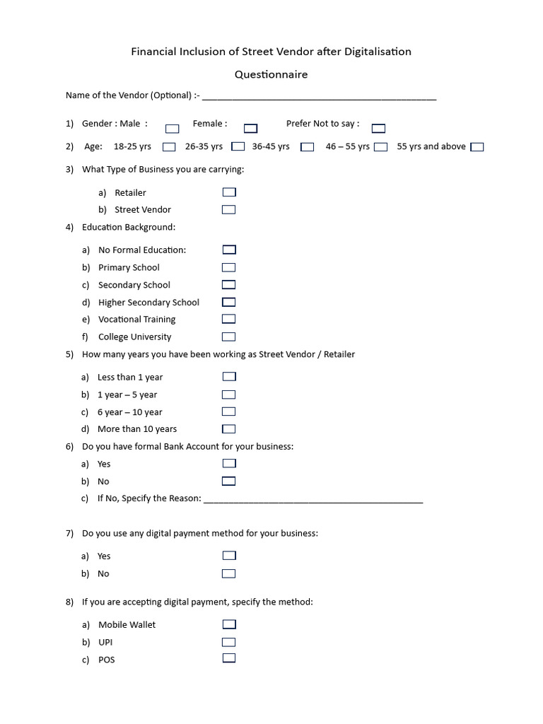 Questionnaire Financial Inclusion of Street Vendor After Digitalisation ...