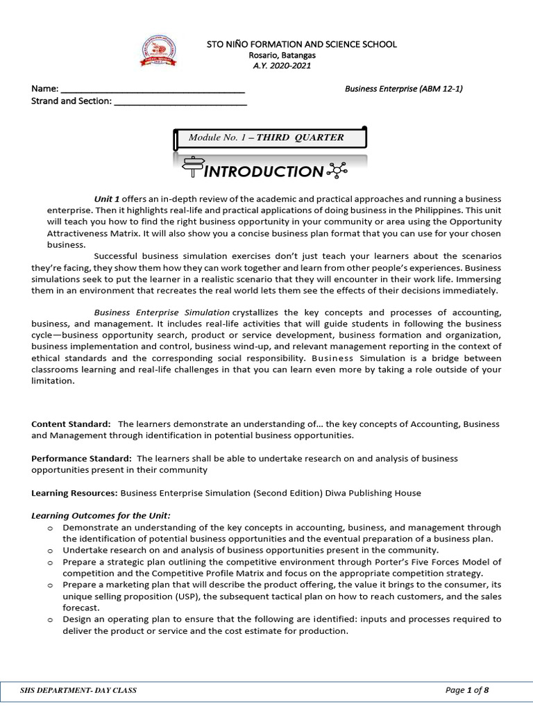 BUSINESS ENTERPRISE MODULE 1 - Third QUARTER | PDF | Marketing Research | Simulation