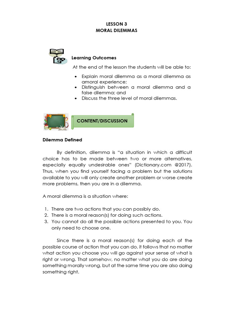 PDF Ethics Lesson 3 Moral Dilemma | PDF | Morality | Decision Making