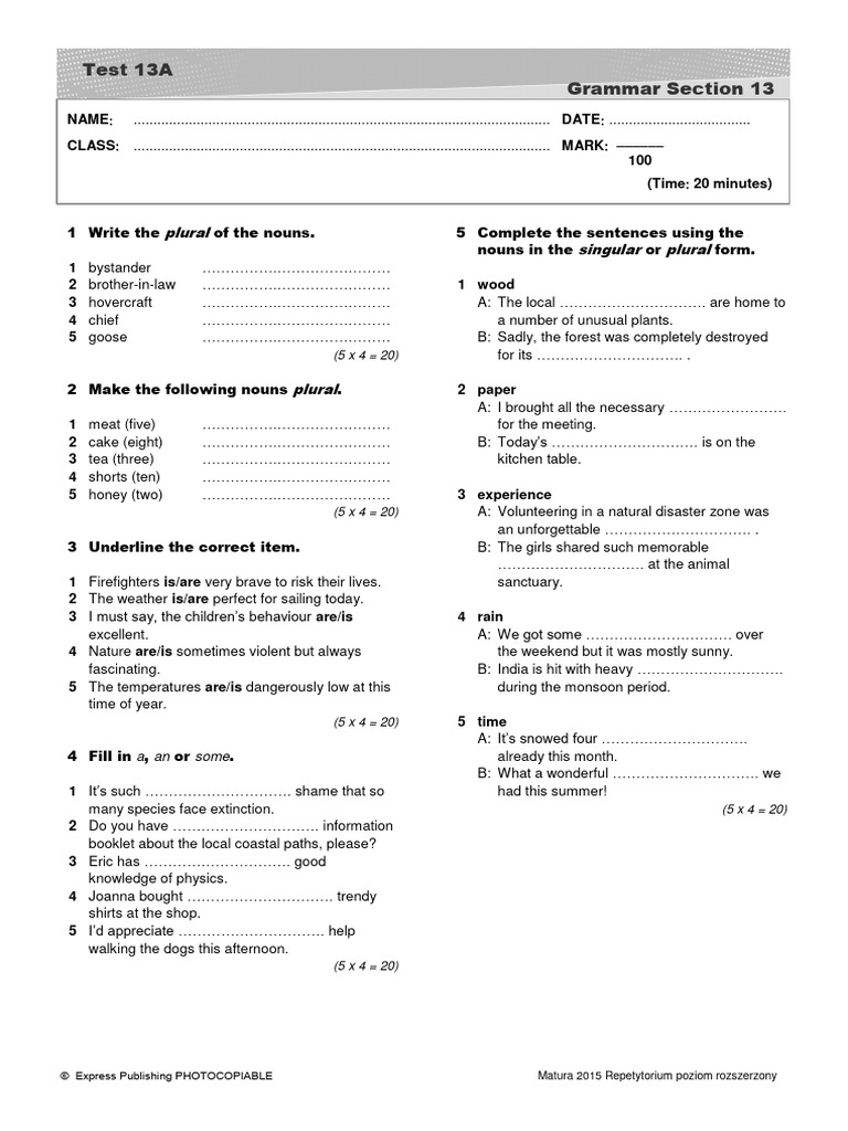 2 Matura 2015 Repetytorium PR Grammar Section 13 Test Ab | PDF | Plural ...