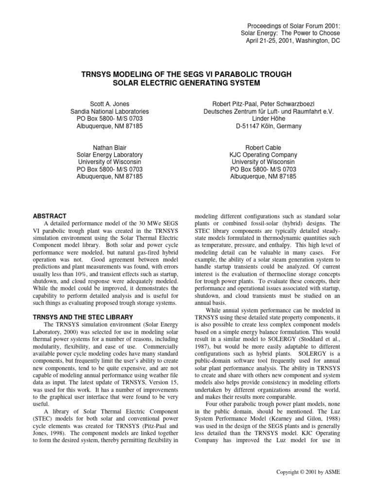 TRNSYS Modeling of The Segs VI Parabolic Trough Solar Electric Generating System | PDF | Steam ...