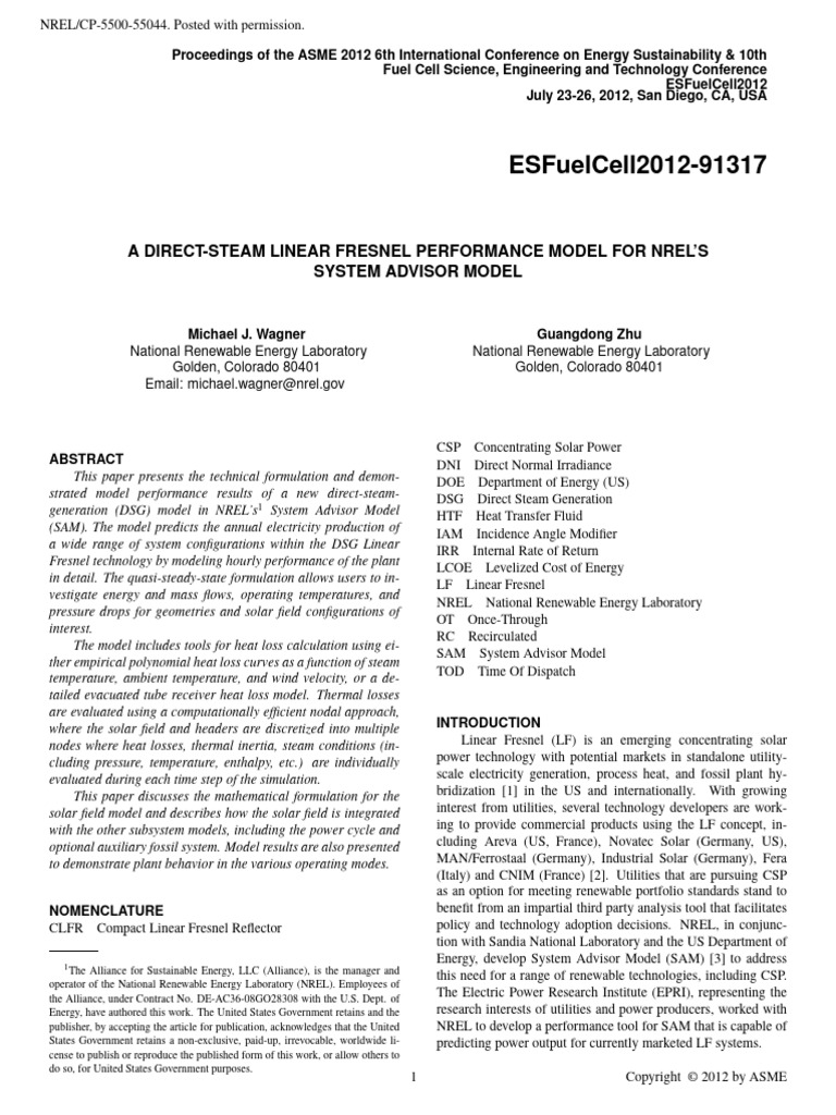 A Direct-Steam Linear Fresnel Performance Model For NREL S System ...
