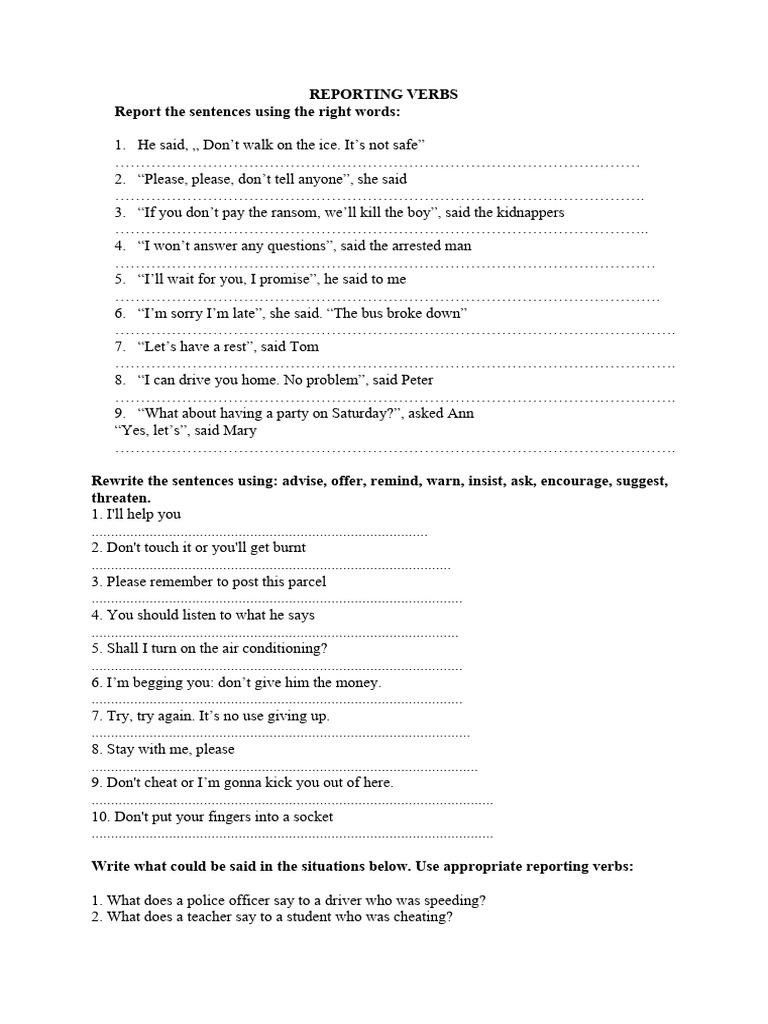 Reporting Verbs Exercises | PDF