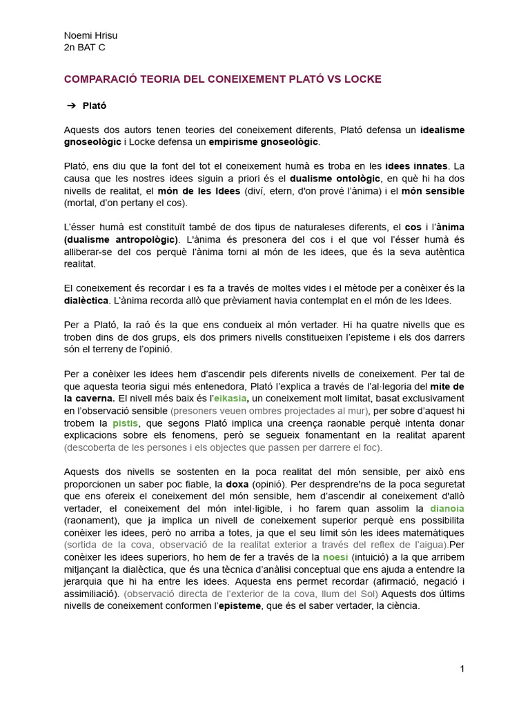 PLATÓ Vs LOCKE - TEORIA DEL CONEIXEMENT | PDF