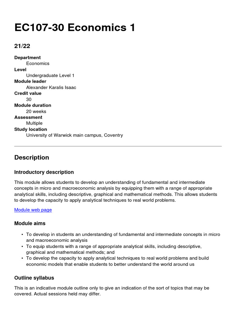 EC107 Economics Module Overview | PDF | Macroeconomics | Economics