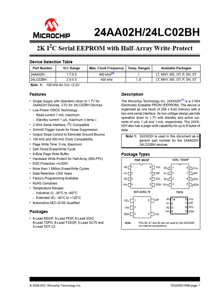 24AA02H 24LC02BH 2K I2C Serial EEPROM With Half Array Write Protect 20002105B | Download Free ...