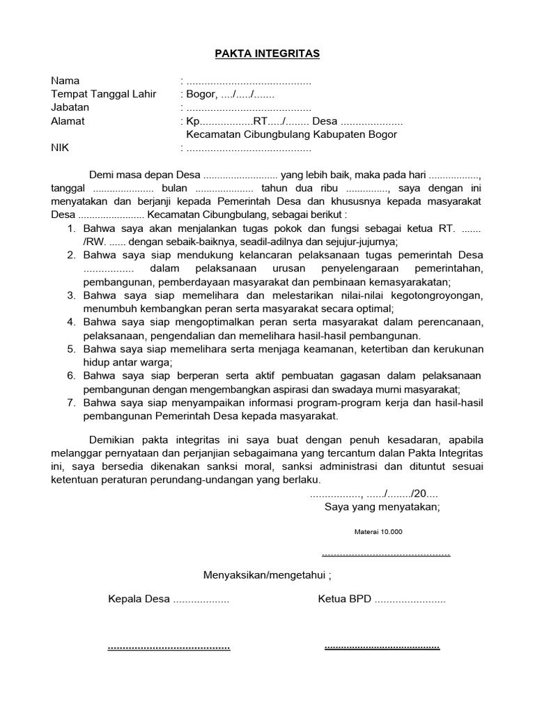 Pakta Integritas Ketua RT Cibungbulang | PDF