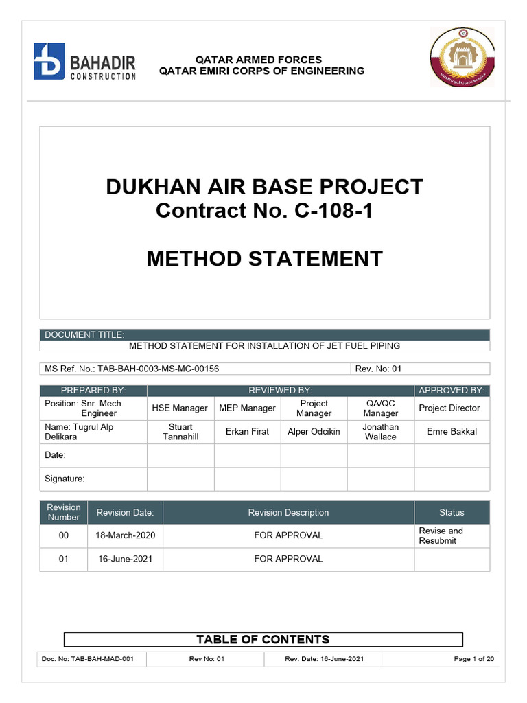 METHOD STATEMENT FOR PIPING REV 01 16 June 2021 | PDF | Pipe (Fluid ...
