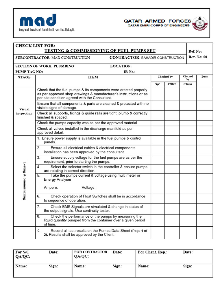 Testing Commissioning Checklist For Fuel Pump | PDF | Pump | Power Supply