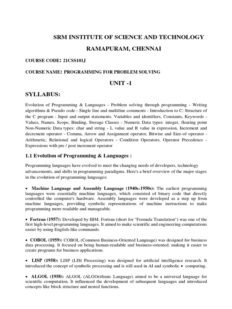 Ppsunit1 1 Pdf C Programming Language Programming 1456