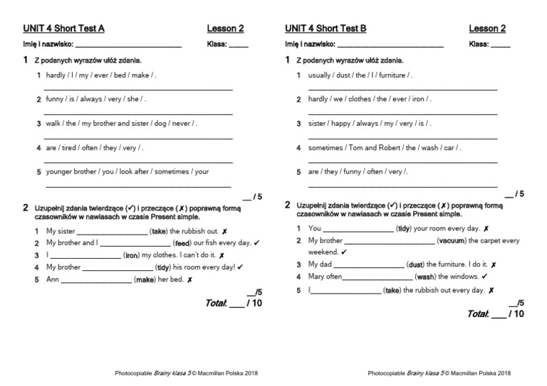Brainy kl5 Short Tests Unit 4 Lesson 2 | PDF