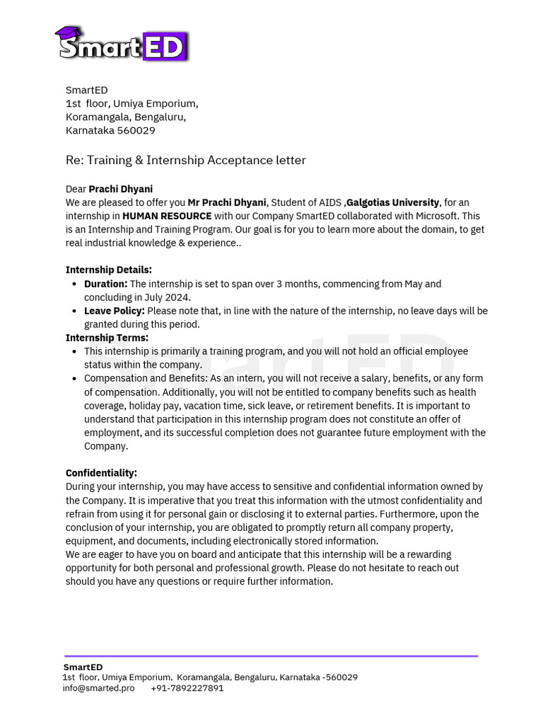 Training & Internship Acceptance Letter. | PDF | Internship | Job Hunting