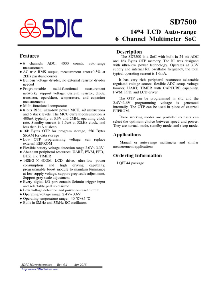 SD7500 14x4 LCD Auto-Range 6 Channel Multimeter SoC Datasheet v0.1 ...