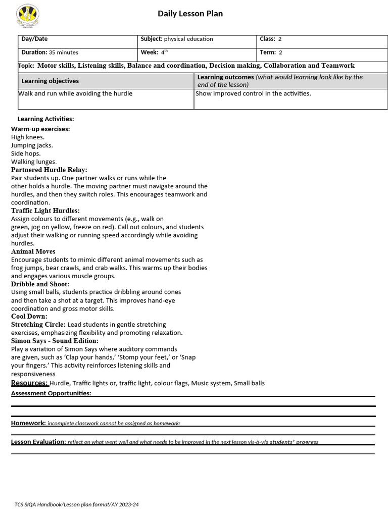 2nd Grade PE Lesson Plan: Motor Skills | PDF