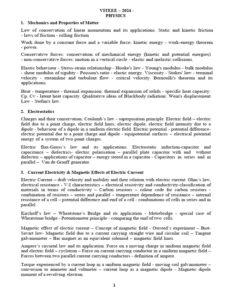 VITEEE 2024 Syllabus | PDF | Electromagnetic Induction | Magnetic Field