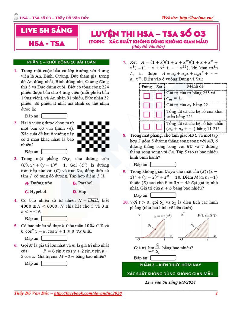 [HSA TSA 5h sáng hàng ngày] Số 3 - Xác suất không dùng không gian mẫu | PDF