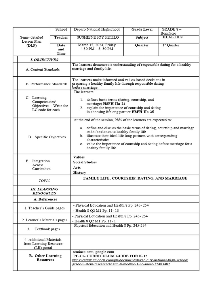LESSON PLAN IN HEALTH 8 - Family Life: Courtship, Dating, and Marriage ...