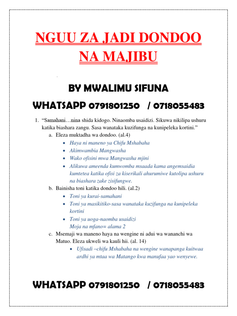 Nguu Za Jadi Dondoo Na Majibu | PDF
