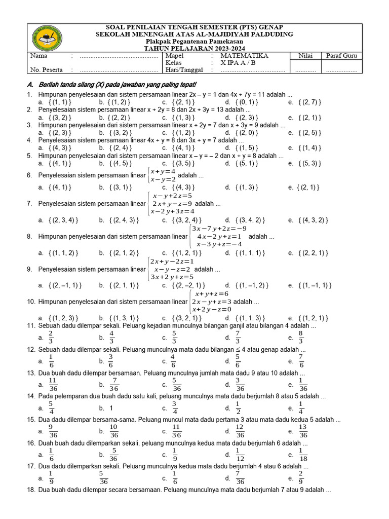 Soal PTS MTK X Ipa Genap | PDF