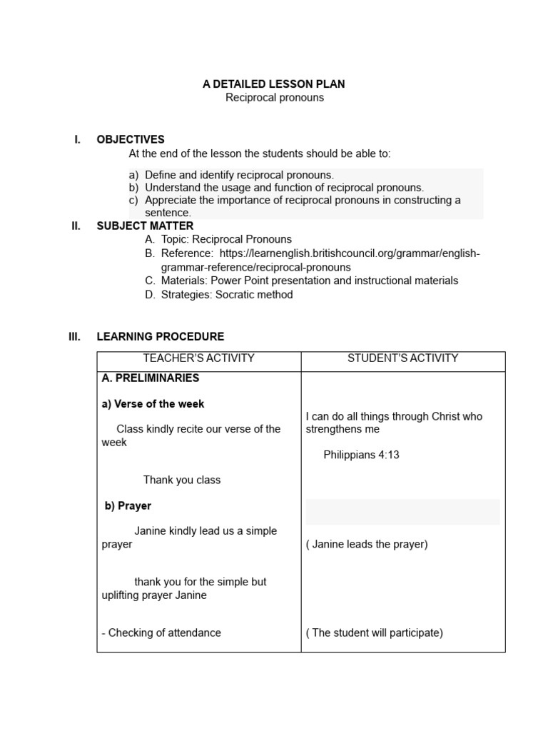 A Detailed Lesson Plan 2 | PDF | Lesson Plan | Pronoun