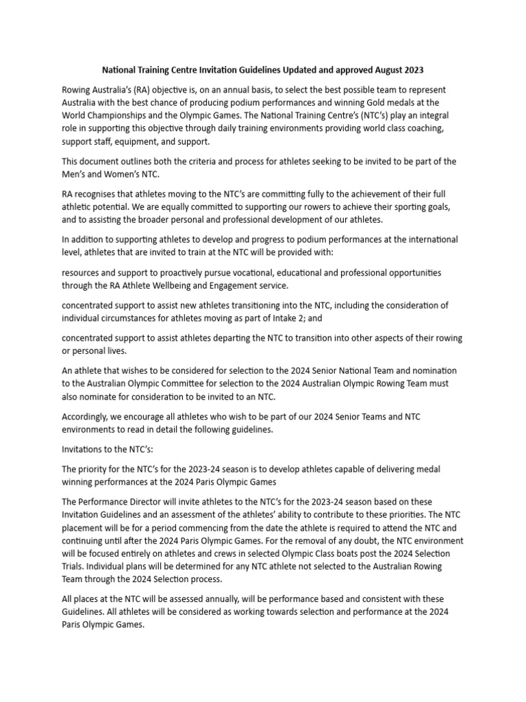 NTC Invitation Guidelines for 2024 Rowing | PDF | Rowing (Sport ...