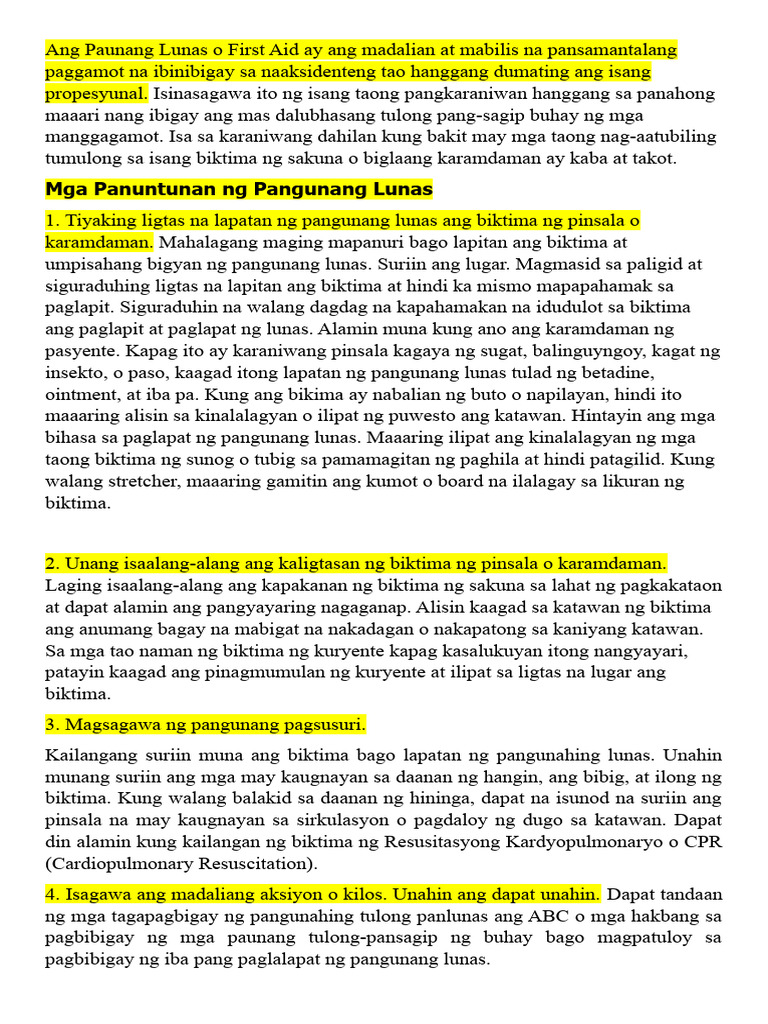 Mga Panuntunan NG Pangunang Lunas | PDF