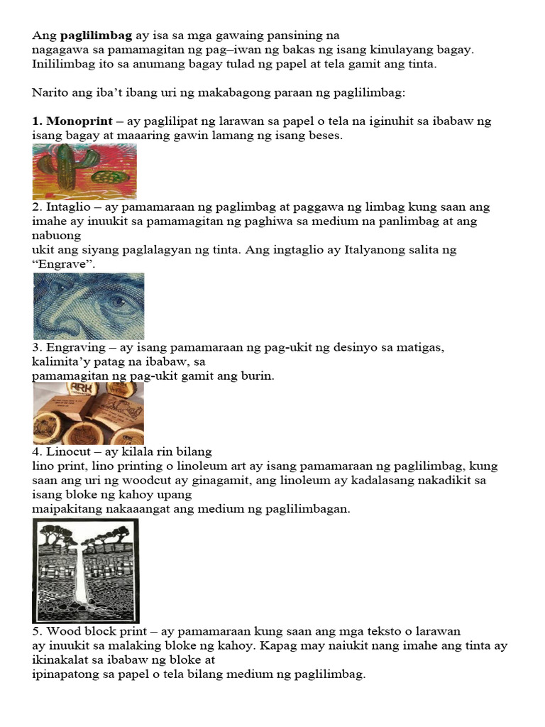 Ang Paglilimbag Ay Isa Sa Mga Gawaing Pansining Na | PDF