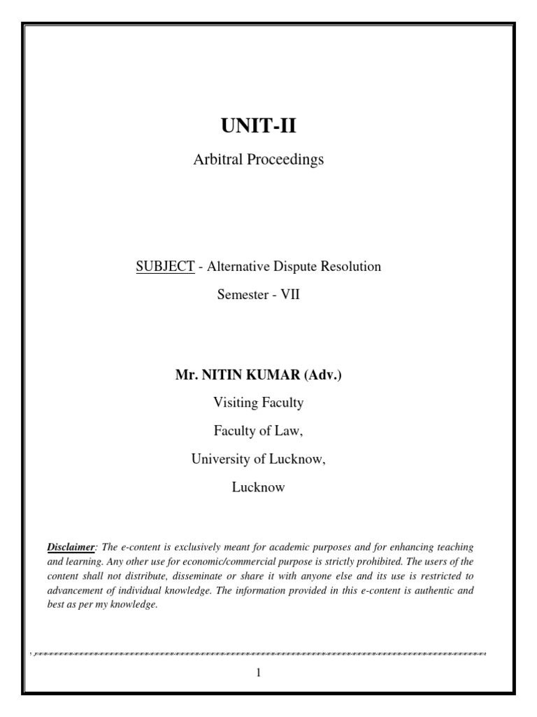 Unit-Ii: Arbitral Proceedings | Download Free PDF | Arbitral Tribunal ...