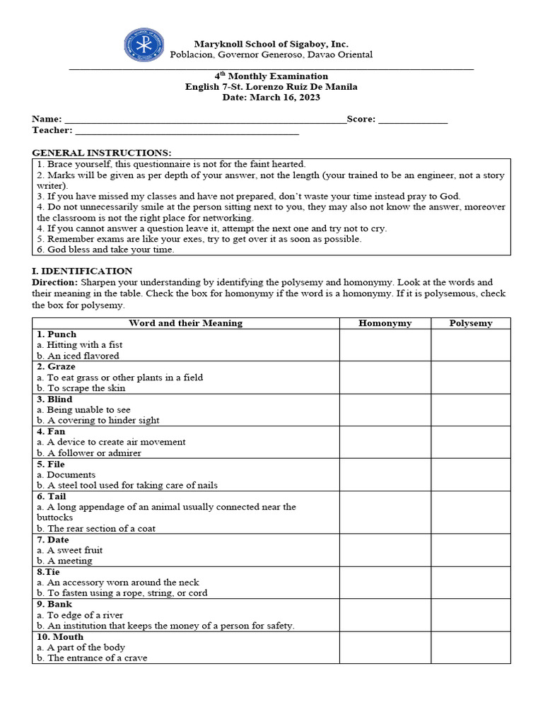 4th Monthly Examination | PDF