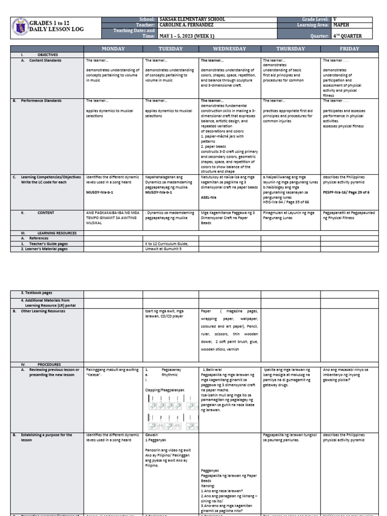 DLL - Mapeh 5 - Q4 - W1 | PDF | Learning