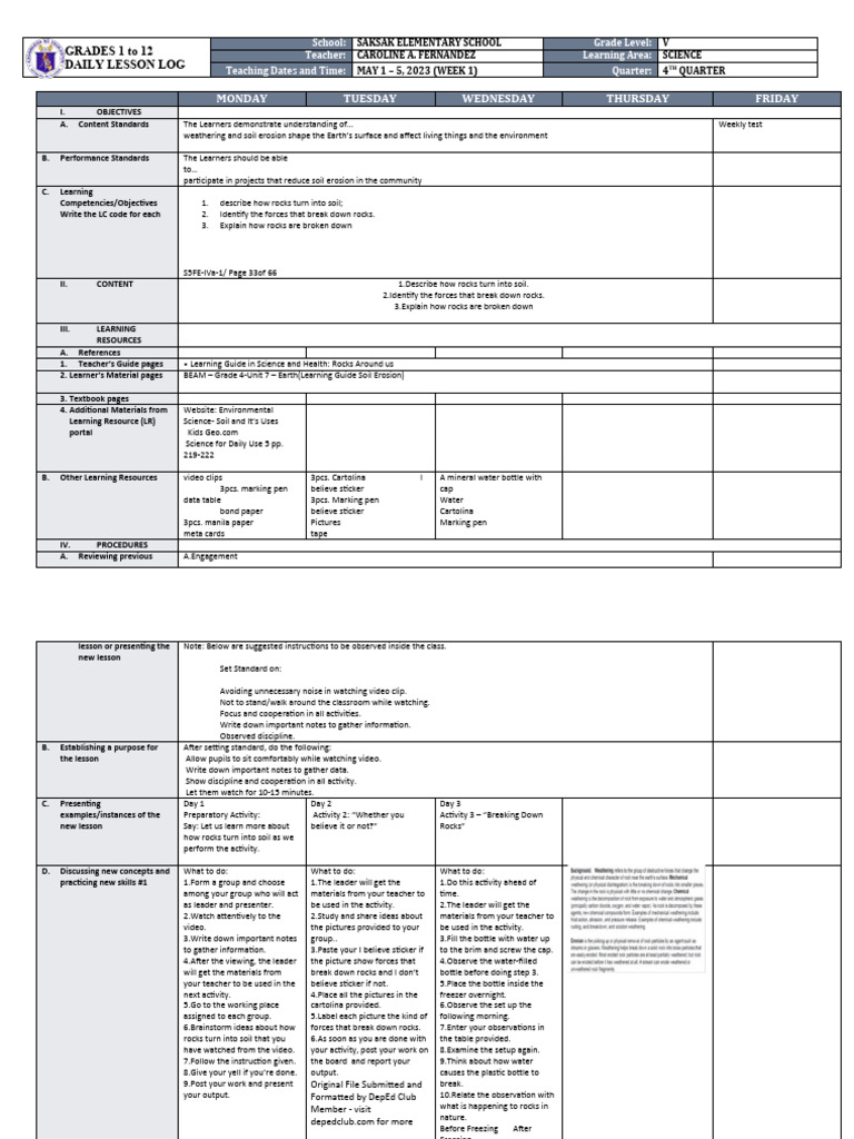 DLL - Science 5 - Q4 - W1 | PDF | Learning | Teachers