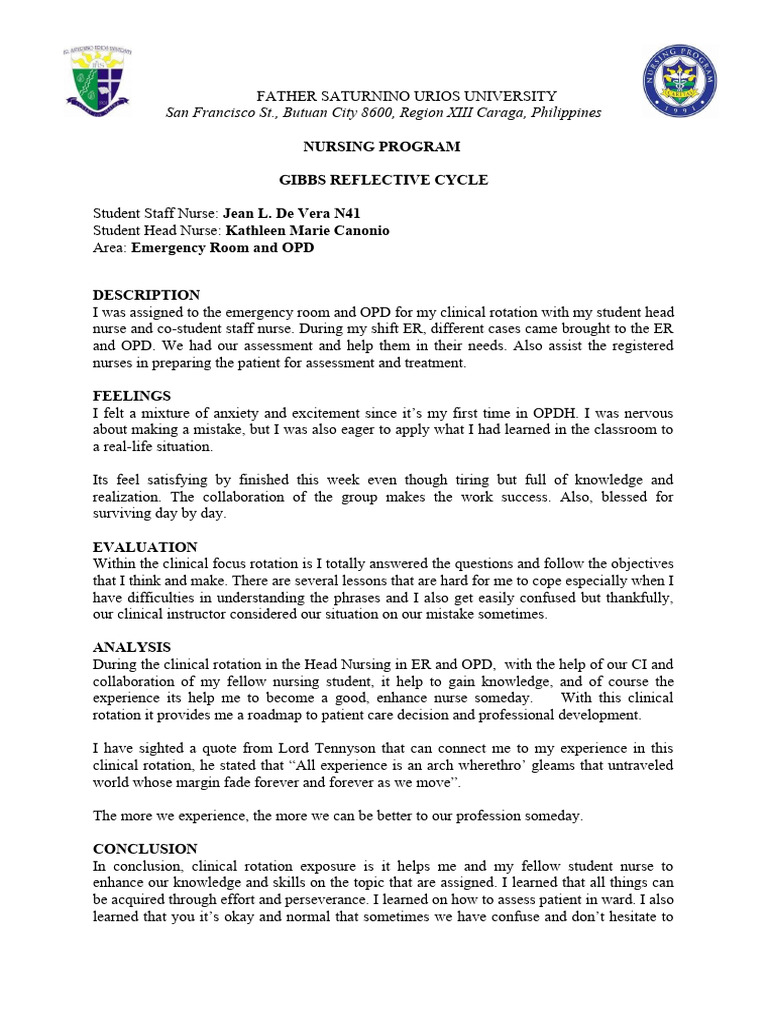 Gibbs Reflective Cycle SHN Kath | PDF | Nursing | Emergency Department