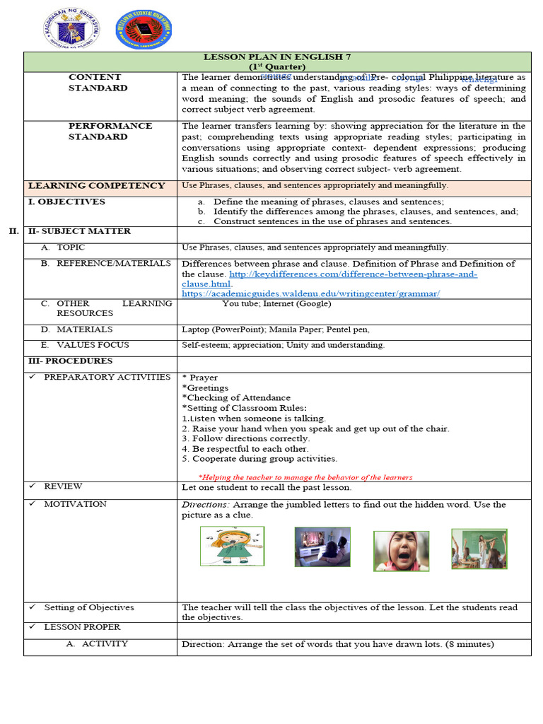 Co1-Q1 Lesson Plan in English 7 Phrases, Clauses and ...