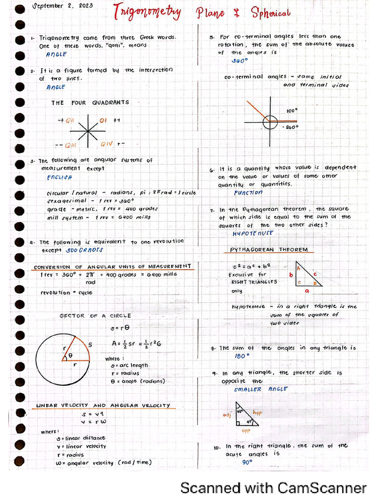 Trigo Notes | PDF | Triangle | Sphere