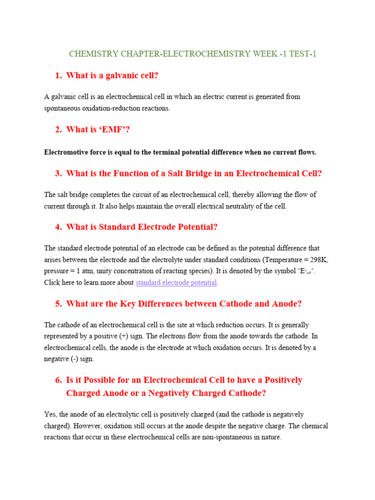 Chemistry Test - Chapter 1 | PDF | Electrochemistry | Redox