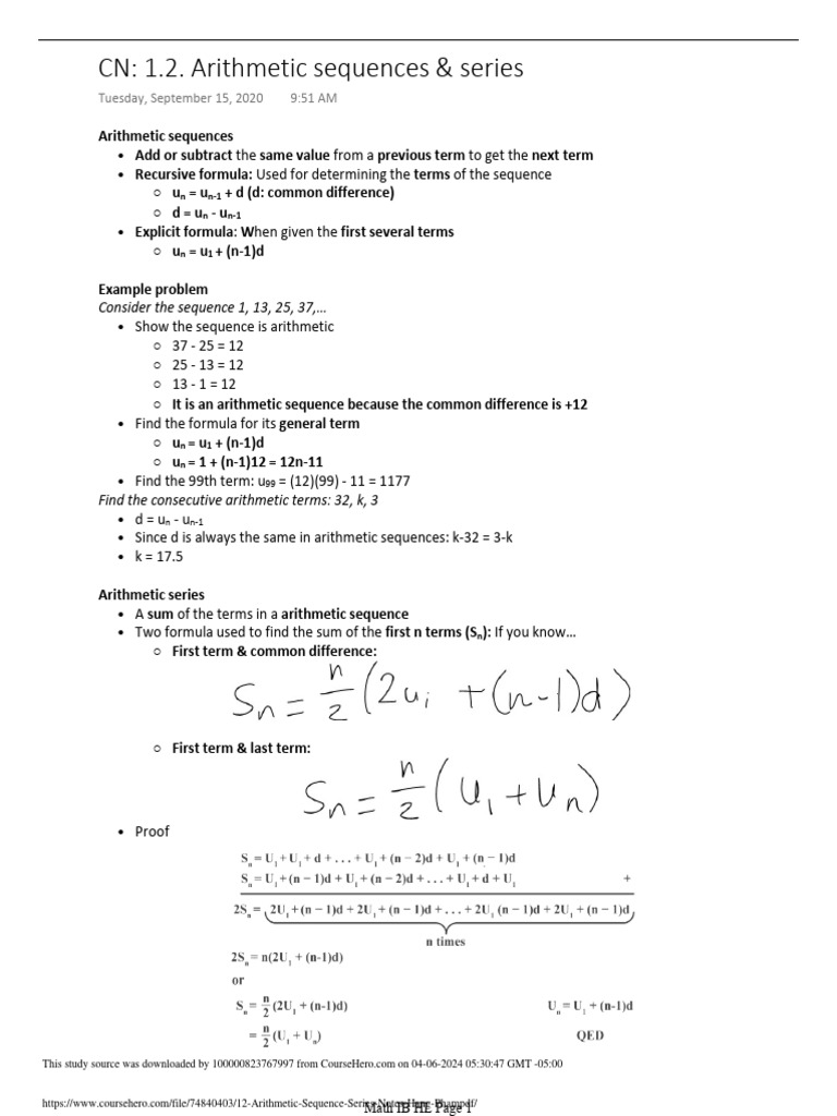 1.2. Arithmetic Sequence Series Notes Hang Pham PDF | PDF | Mathematics ...