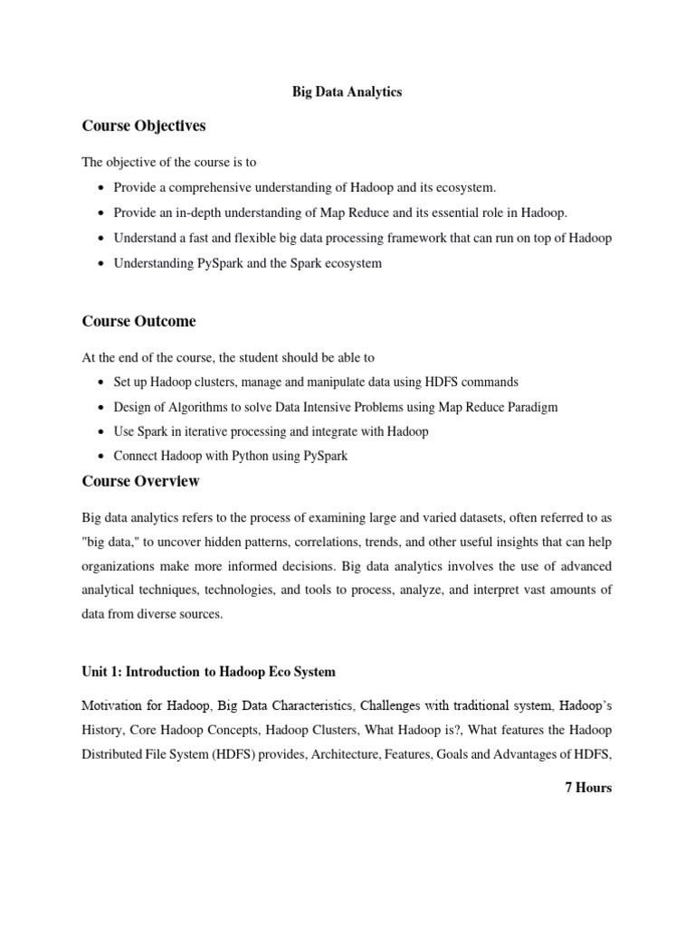 Big Data Analytics Pdf Apache Hadoop Apache Spark