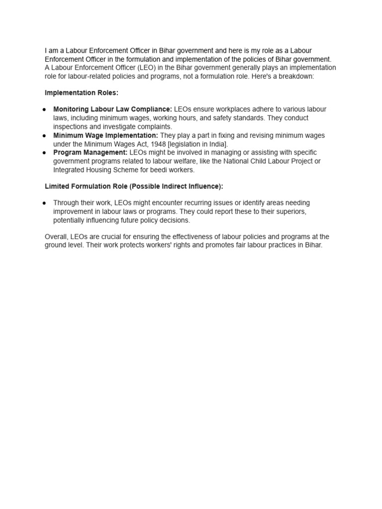 Role of Labour Enforcement Officers in Bihar | PDF